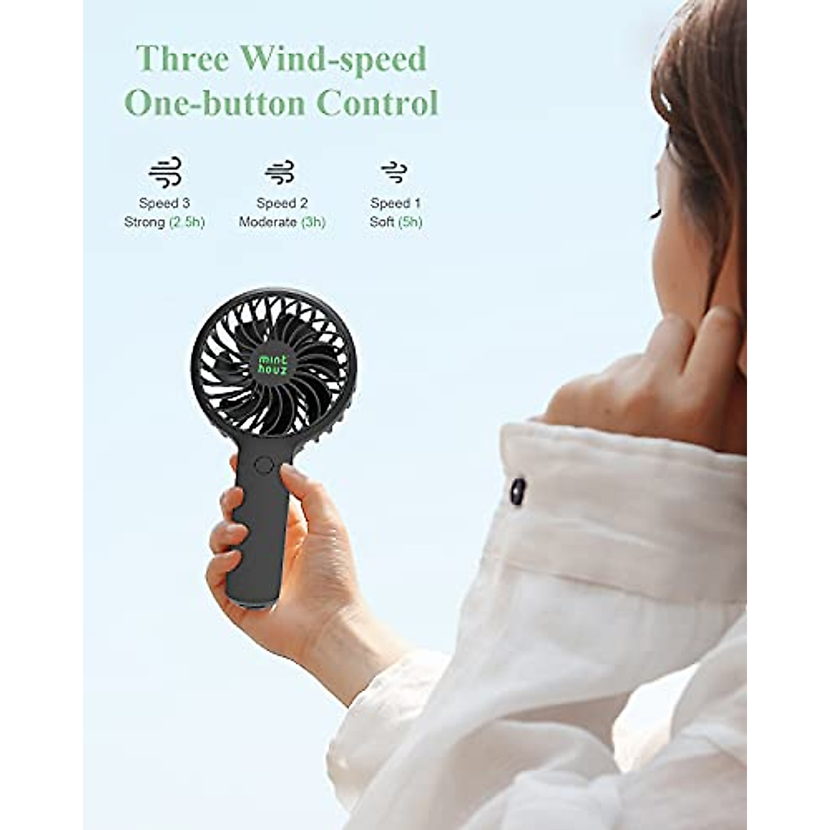 Minthouz Handheld Fan, 90° Automatic Head Shaking Personal Fan with Rotating Base, 3 Speed Adjustable Portable Fan Rechargeable Desk Fan with 2000mAh Built-in Battery, Mini Fan for Office/Home/Outdoor