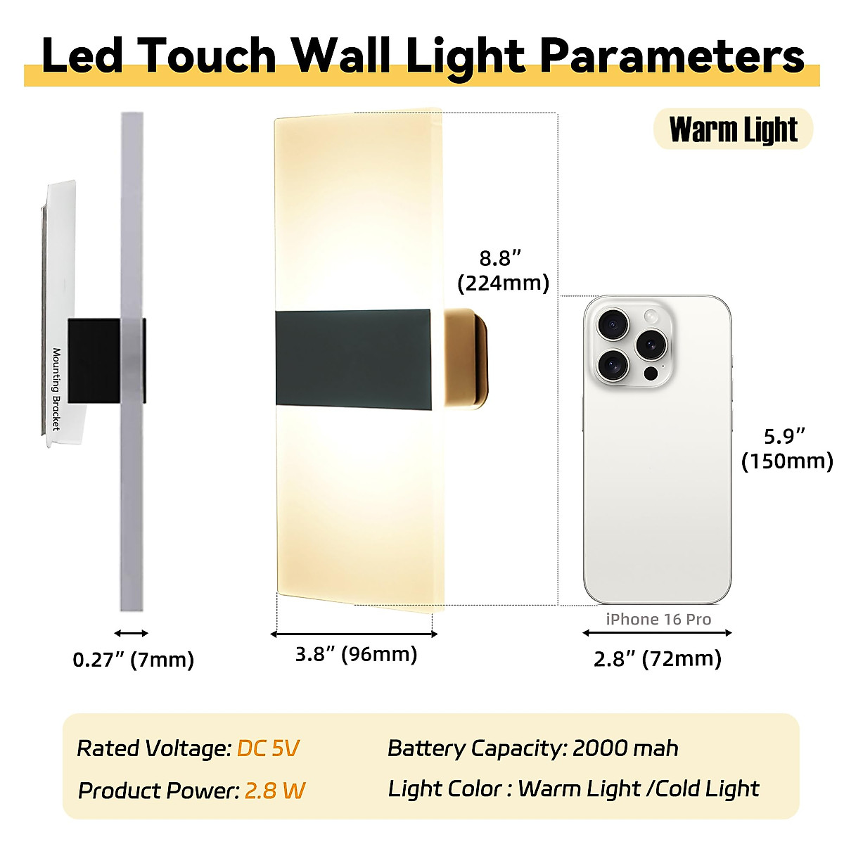 FelRelWel Rechargeable Wall Sconces,2 PCS Modern Acrylic Bedside LED Wall Lamps for Living Room Bedroom Hallway,USB Rechargeable Battery Operated Cordless Night Light,Touch Control,Warm Light Dimmable