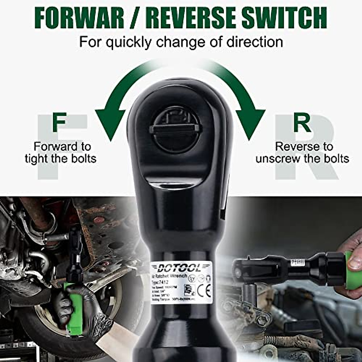 Dotool 3/8" Air Ratchet Wrench 50 ft-lbs Max Torque Output Professional Pneumatic Aluminum 160 RPM Comfort Grip, Lightweight, Compact, Forward/Reverse Control