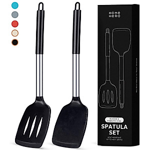 Home Hero Silicone Spatula Set with Ergonomic Handles - Stainless Steel High Heat Resistant Solid & Slotted Turner, BPA Free Non Stick Kitchen Utensils Set - Rubber Spatula for Eggs (Black)