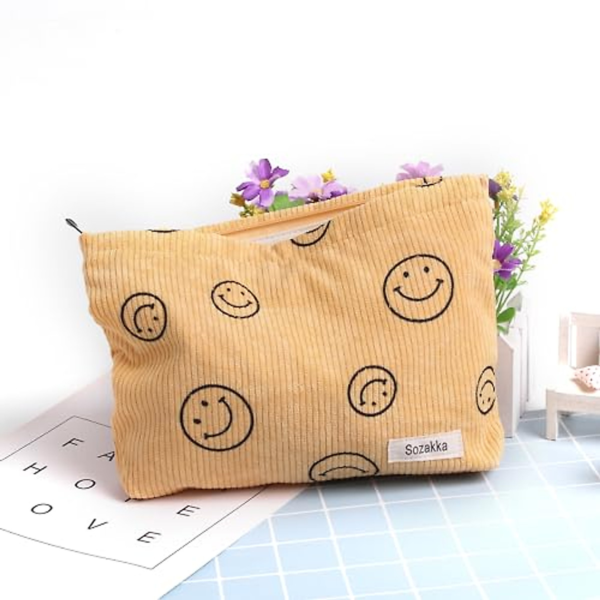 Cosmetic Bags for Women - Corduroy Cosmetic Bag Aesthetic Women Handbags Purses Smile Dots Makeup Organizer Storage Makeup Bag Girls Case Bags (Yellow)