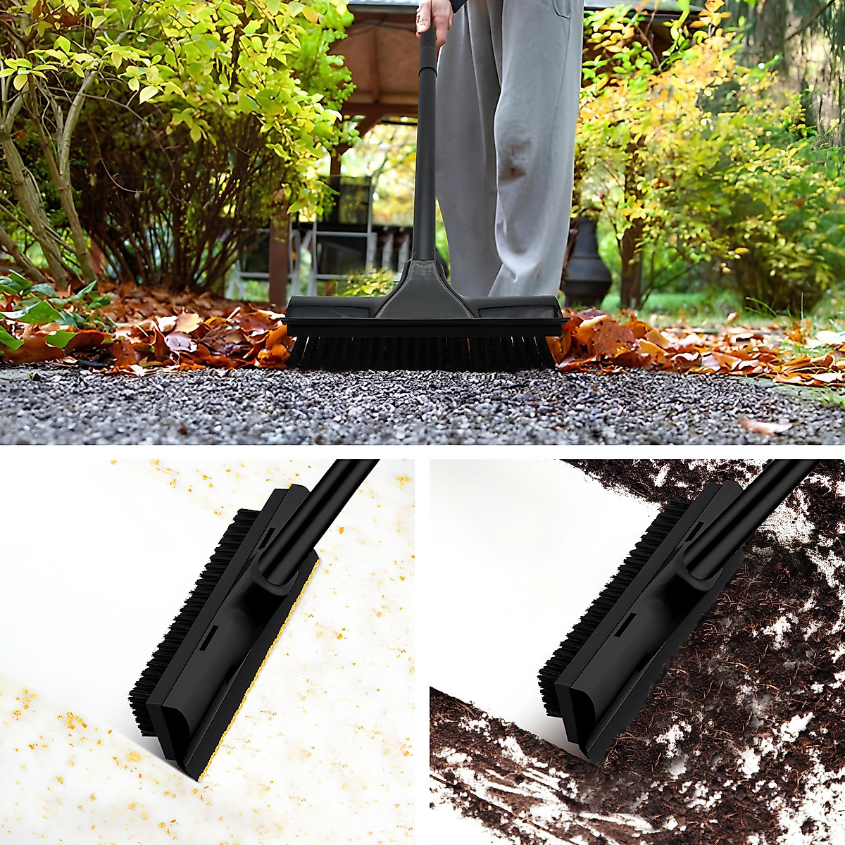 Push Broom Outdoor- Heavy Duty Broom, Stiff Bristles Floor Scrub Brush with 49" Long Handle for Deck Driveway Garage Yard Patio Warehouse Concrete Wood Stone Kitchen Tile Indoor Floor Cleaning (Black)