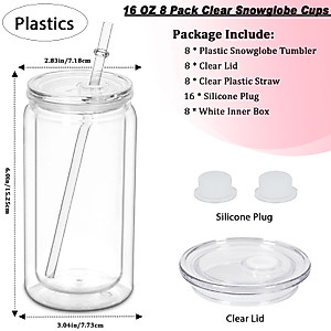 Micellwuu 16 oz Plastic Snow Globe Tumbler, 8 Pack Double Wall Snowglobe Tumbler with Pre Drilled Hole, Plastic Mason Jar Cups Can for Snow Globe Glitter DIY (Clear)