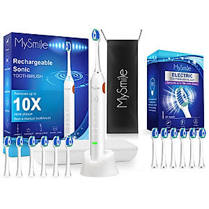 MySmile Electric Toothbrush for Adults, Rechargeable Sonic Electronic Toothbrush with 12 Brush Heads and Travel Case