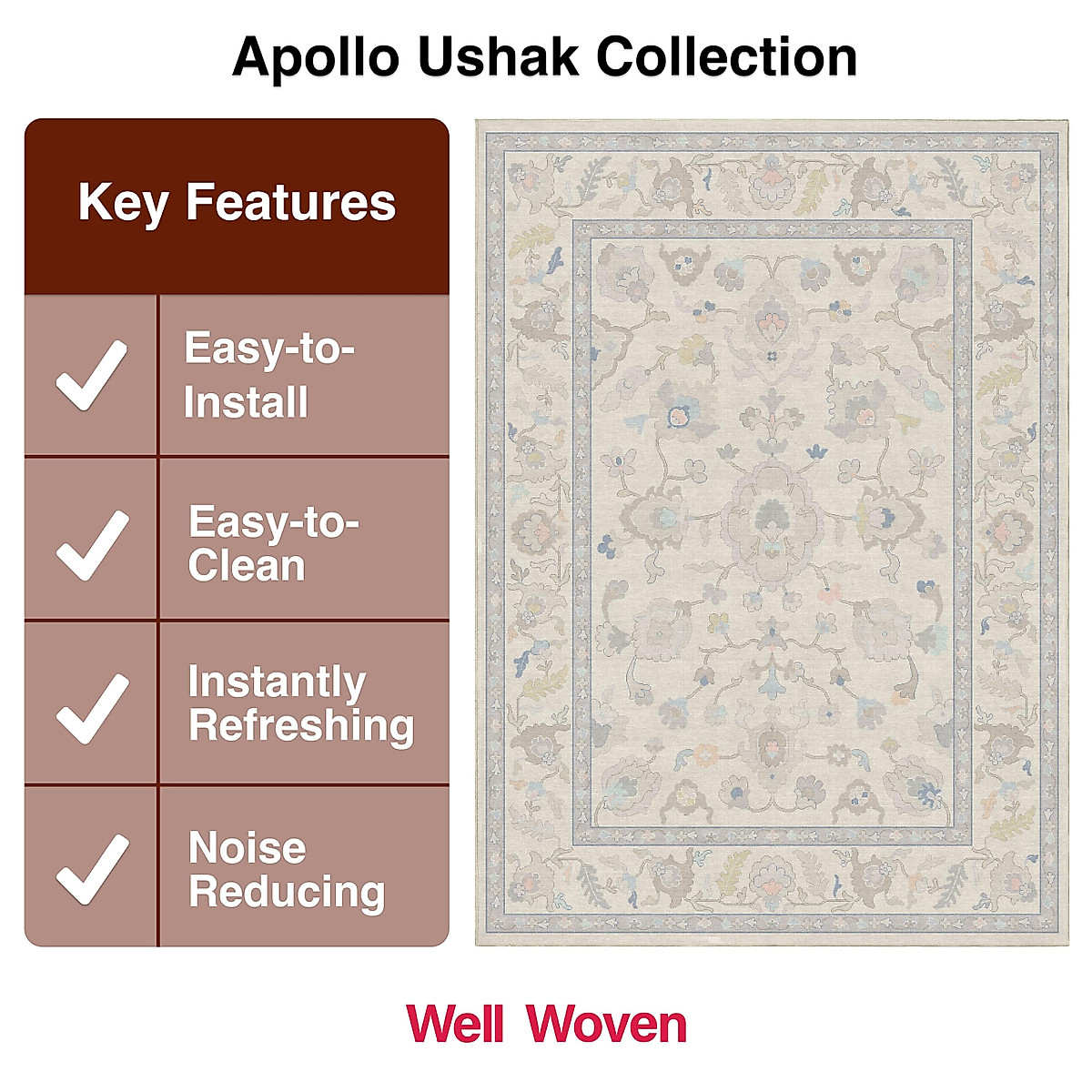 Well Woven Ushak Konya Cream 6' x 9' Area Rug for Large Living Room and Dining Room - Updated Traditional Boho Design, Easy Clean, Floor-Friendly Backing