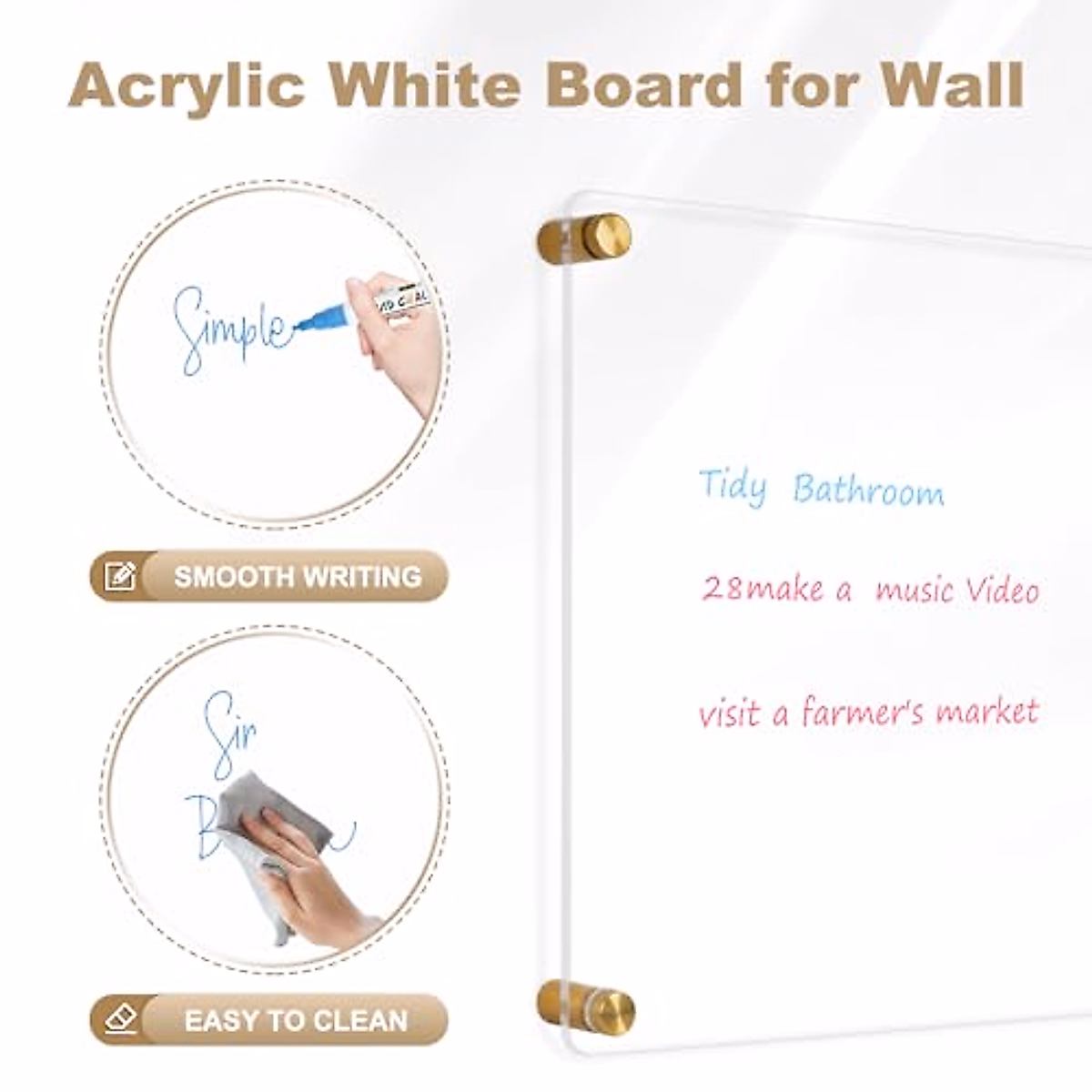 AMUSIGHT Clear Acrylic Dry Erase Board，12" X 12" Golden Non-Magnetic Acrylic White Board for Wall，Clear Erasable Acrylic Board for Office, School or Home，2 Markers