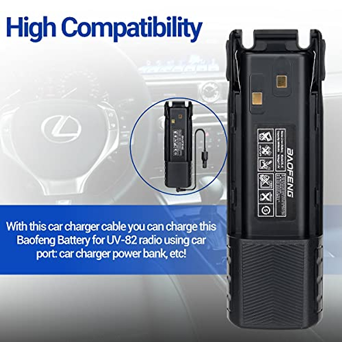 BAOFENG UV-82 Battery BL-8 3800mAh Li-ion High Capacity Extended Battery with Car Charger Cable UV-82HP UV-82C MIRKIT UV-82 MK3/5 etc Two Way Radio