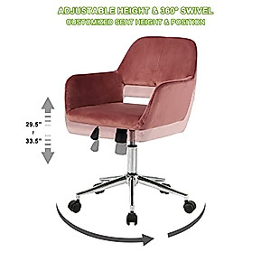 Geniqua Rose Pink Velvet Office Chair Swivel Task Chair Adjustable Mid Height Casters Rolling Computer Chair Modern for Home Office