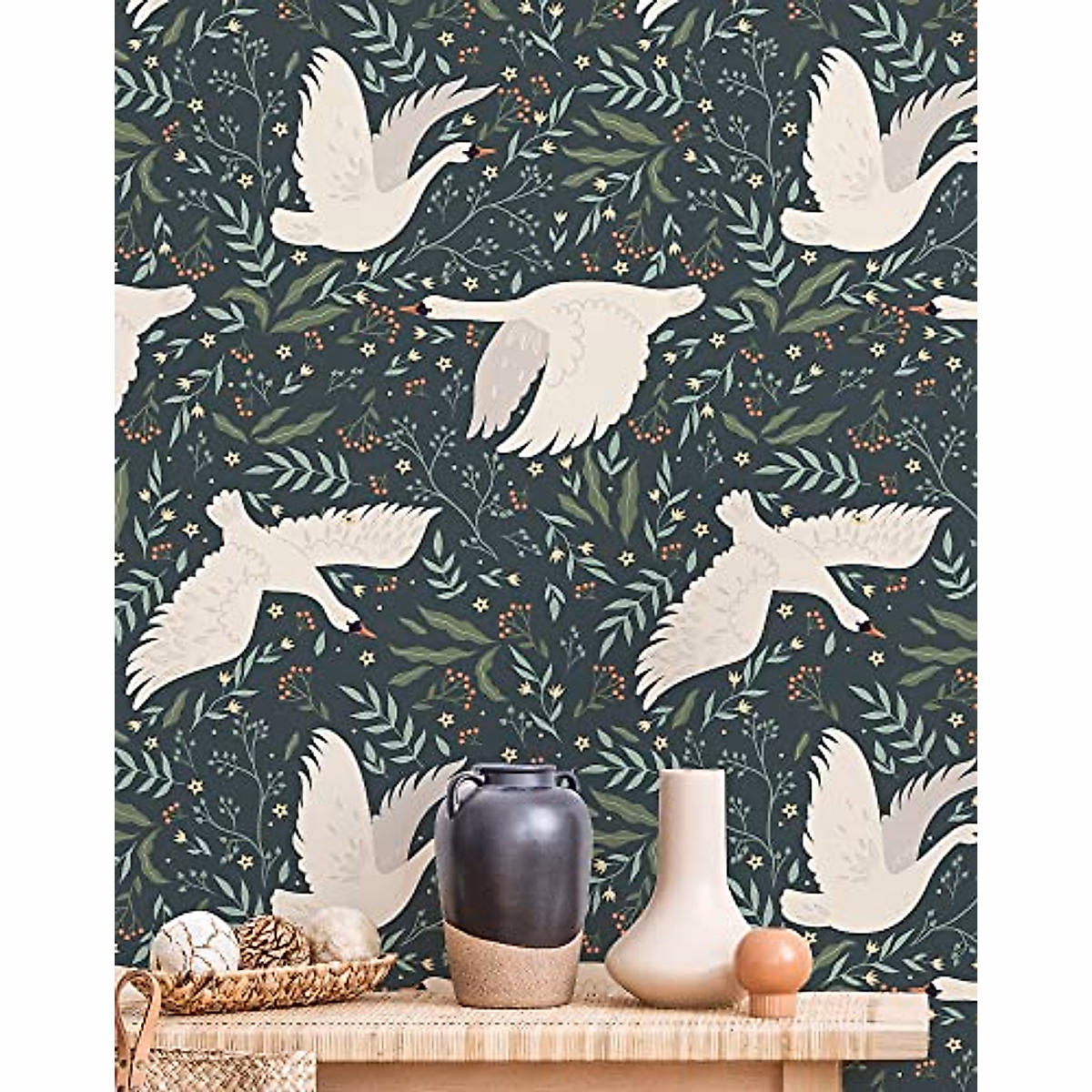 17.3"x 236.2" Wildwood Peel and Stick Wallpaper, Green Leaf and White Swan Removable Wallpaper Flying Swan Self-Adhesive Floral Wall Paper Home Deco Contact Paper for Cabinets Furniture Bedroom