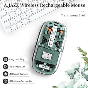 A.JAZZ Wireless Bluetooth5.1&2.4G Mini Lightweight Mouse,Transparent Clear Cool,Rechargeable Silent Computer Mice,Nano USB C Receiver,LED Battery Magic Silm for Office/PC/Mac/Laptop/Apple/ipad(Green)