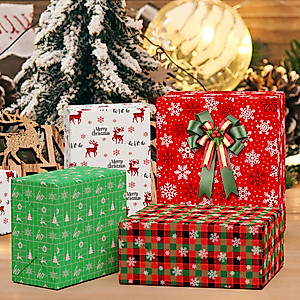 MotiGiftie Christmas Wrapping Paper for Kids Adults - Xmas Wrapping Paper with Red/Green Plaid, Reindeer, Snowflakes, “Ho Ho” Xmas Trees - 20 x 28 Inches, 12 Folded Sheets, Easy to Store