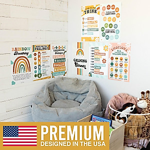8 Calming Corner Posters For Classroom Must Haves For Teachers - 11x17" Calm Down Corner Supplies, Feelings Chart For Kids Ages 4-8, Toddler Emotions Chart, Retro Classroom Decor