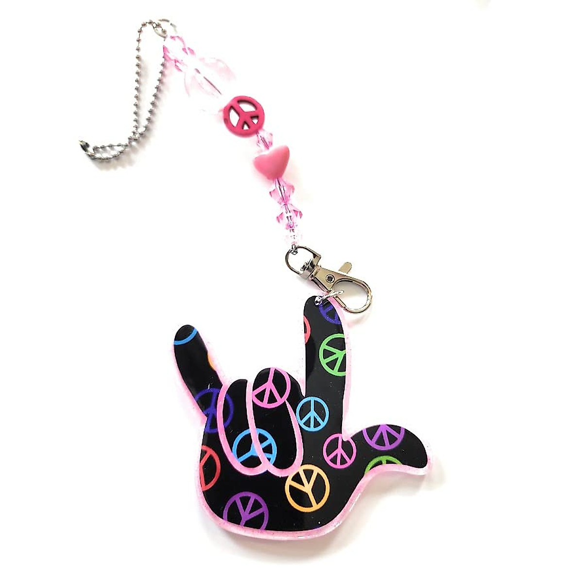 PEACE AND LOVE PINK GLOW IN THE DARK BEADED REAR VIEW MIRROR HANGINGE CAR CHARM - HANDMADE - FREE STANDARD SHIPPING