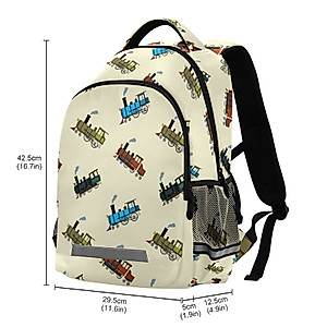 Retro Steam Trains School Backpacks with Chest Strap for Teens Boys Girls,Lightweight Student Bookbags 17 Inch, Cartoon Style Casual Daypack Schoolbags