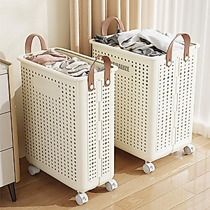 curfair Laundry Basket Foldable with Wheels, Collapsible Laundry Hamper, Slim Laundry Basket Organizer Wheeled Laundry Basket Plastic, Dirty Clothes Basket for College Dorm, Bathroom White M