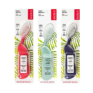 RADIUS Flex Brush BPA Free & ADA Accepted Toothbrush Designed to Improve Gum Health & Reduce Gum Issues - Right Hand - Purple/ Watermelon/ Mint Green - Pack of 3