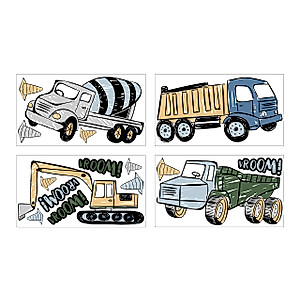 Sweet Jojo Designs Construction Truck Large Peel and Stick Wall Decal Stickers Art Nursery Decor - Set of 4 Sheets - Grey Yellow Black Blue and Green Transportation Zone Vehicles