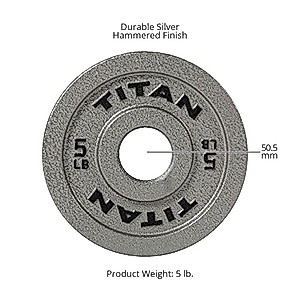 Titan Fitness 5 LB Cast Iron Olympic Plates, Sold in Pairs, Classic Weight Plate Design, Silver Hammer Finish
