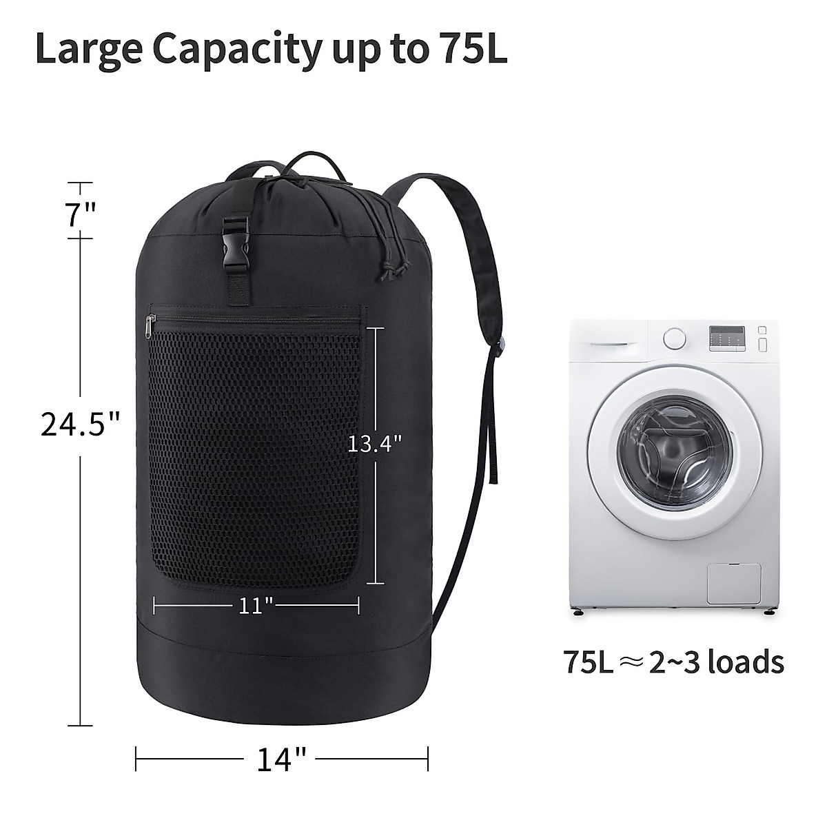 F-color Laundry Bag Backpack 75L - Large Capacity Laundry Backpack with Comfort Straps, Mesh and Zip Pocket, Sturdy Laundry Backpack for Dorm, College, Travel, Laundromat, Apartment, Black