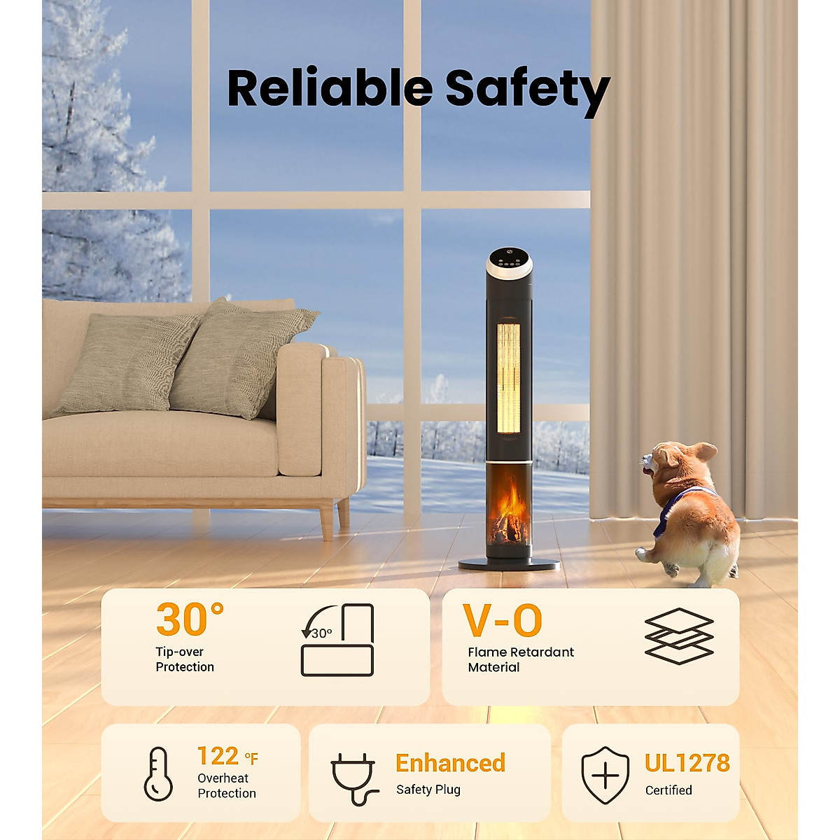 Mountman Space Heater, 38" Tower Heater with Remote, 3 Modes, 80° Osillation, Overheating & Tip-Over Protection, Electric Heater for Large Room, Office Use