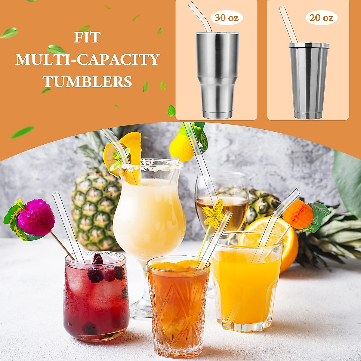 [12 Pcs] Reusable Glass Straws Shatter Resistant - 11" x 8mm and 9" x 8mm Each Including 3 Straight and 3 Bent with 2 Cleaning Brush Perfect for 30 oz and 20 oz Tumblers Juice Coffee Cocktail Tea