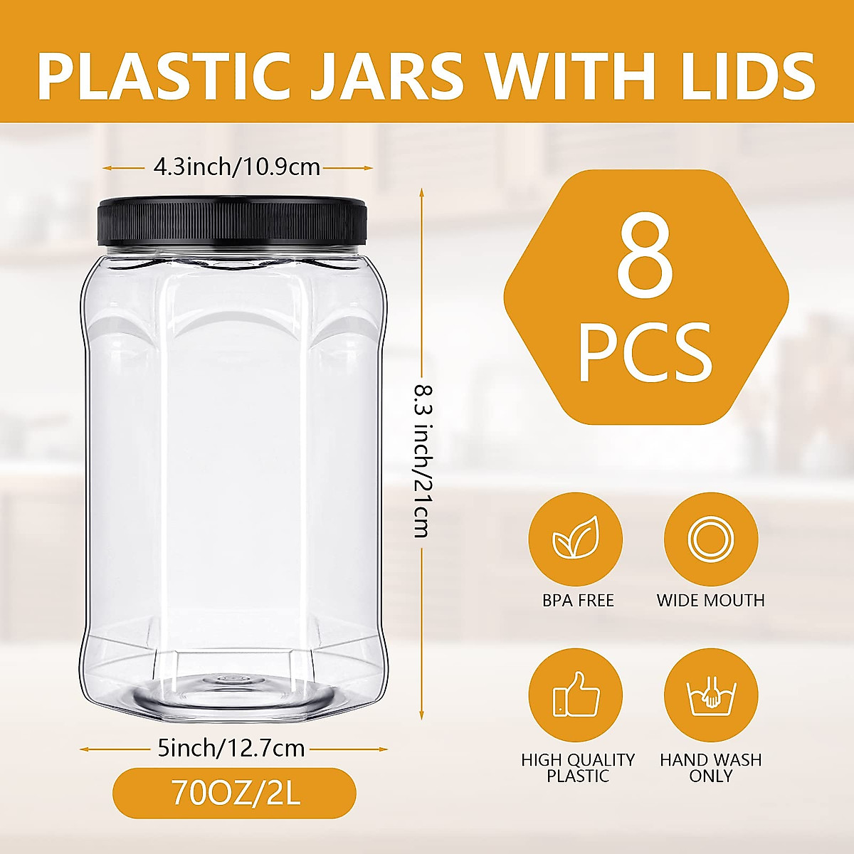 8 Pieces Large Clear Plastic Jars with Lids 70 oz Empty Storage Containers Hexagon Wide Opening Airtight Plastic Canisters with Lids for Kitchen Dry Food, Snacks, Flour, Sugar, Dog Food, Spice