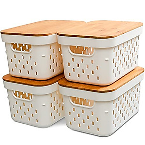 Citylife 4 PCS Storage Baskets with Bamboo Lids Plastic Baskets for Organizing Stackable Storage Bins with Handle for Shelves, 10.16 x 6.81 x 5.31 inch