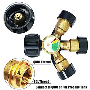 NQN Upgraded 3 Way Propane Splitter QCC/POL with Gauge and Shut-Off Valve, Propane Tank 3 Y Splitter Adapter, Propane LP Tank Fuel Tee Gauge Adapter Fitting 3 Way Propane Gas Splitter for Propane Tank