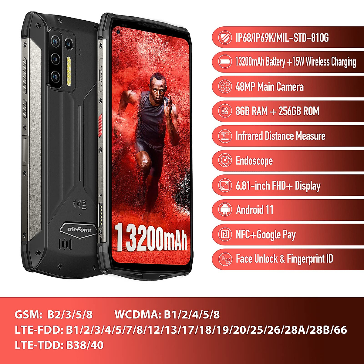 Ulefone Rugged Smartphone, Power Armor 13 with Endoscope, IP68 Waterproof Phone, 13200mAh Battery, 15W Wireless Charge, 48MP Four Rear Camera, 6.81" FHD+, 8GB + 256GB, Helio G95 Octa-core Android 11