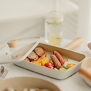 FIKA Kitchen Nonstick Brunch Pan with Glass Lid, Japanese Tamagoyaki Large Omelet Skillet, Healthy Cooking Stir Fry Pan with Wood Handle, Induction Compatible Cookware, Made in Korea (11.4" X 8")