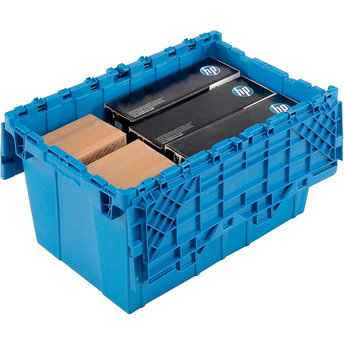 Plastic Attached Lid Shipping & Storage Container, 25-1/4x16-1/4x13-3/4, Blue