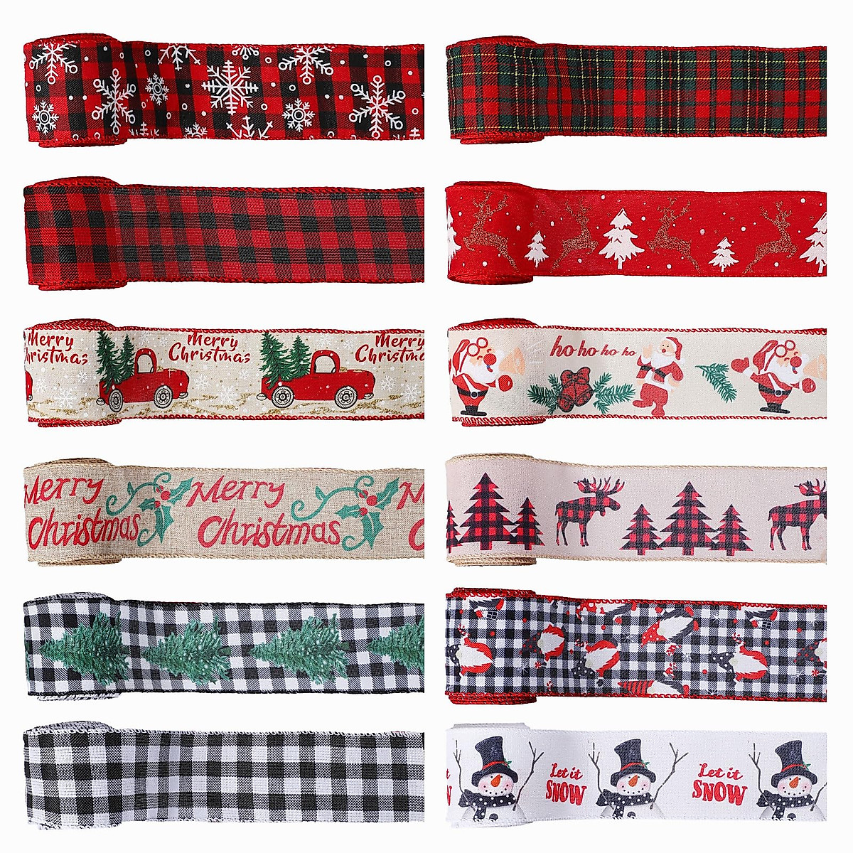 Lyrow 12 Rolls Christmas Ribbon Wired 2.5 Inch 72 Yards Santa Snowman Snowflake Christmas Buffalo Plaid Ribbon for Wreaths Bows Decor DIY Crafts Gift Wrapping