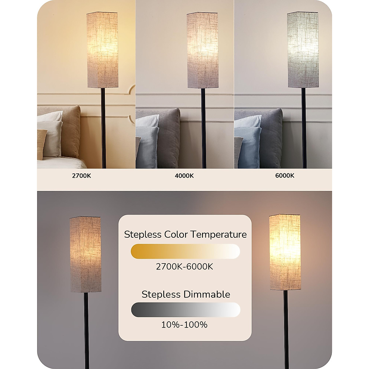 EDISHINE Modern Corner Floor Lamp, 65" Minimalist Pole Lamp with Remote, Dimmable Tall Reading Light for Living Room, Bedroom, Office, 9W LED Bulb Included (Black)