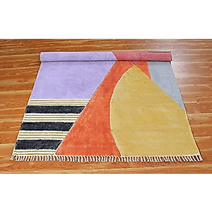 Casavani Hand Made Cotton Dhurrie Geometric Yellow & Pink Tassel Rug Easy Care Washable Rugs for Doormat Entryway Living Room Bedroom Hallway Balcony 4x12 Feet Runner