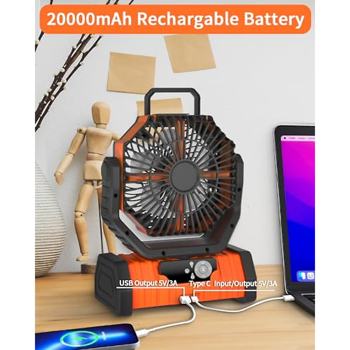 ADUST Camping Fan Battery Operated Powered Fan with LED Lantern Light 20000mAh Rechargeable Portable Fan, Oscillating Fan with 360° Rotation Hanging Hook for Tents, Cordless USB Desk Fan(Orange)