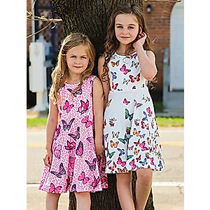 Girls Summer Dresses Butterfly Sleeveless Dress Casual Swing Pocket Sundresses (White, Girls Dresses Size 6)