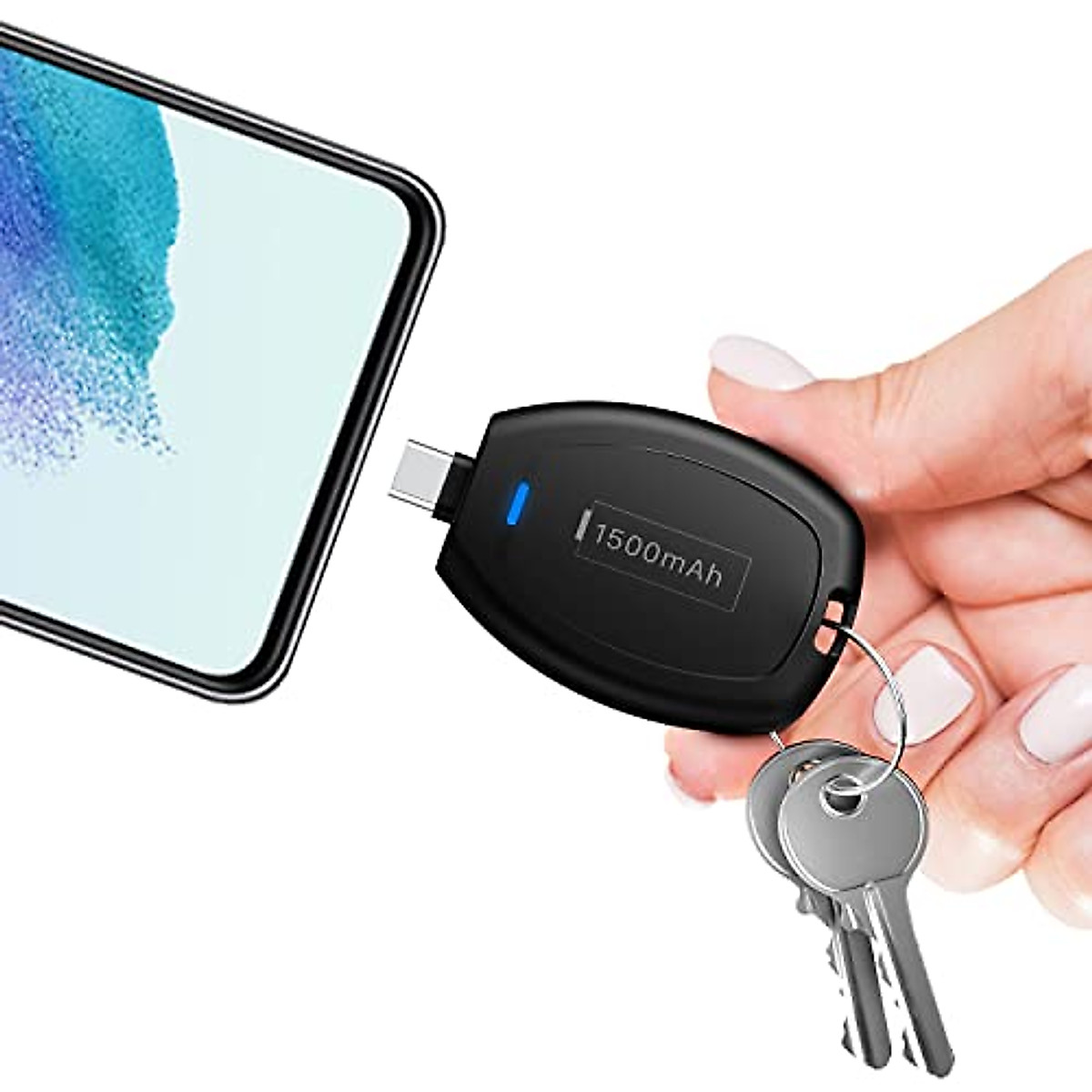 HUAENG Mini Keychain Portable Charger Power Bank Built in USB-C Connector,Emergency 1500mAh Power Pod Compatible with Samsung Galaxy S22, S21, S20, S10, Pixel, Moto, LG, Type-C Android Phones-Black