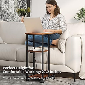 Homsorout C Shaped End Table - C Table on Wheels - Bedside Table with Wheels, Power Outlet and USB - Sofa Table for Living Room, Bedroom, Small Spaces - 27.2'' High, Brown