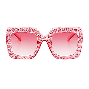 MEETSUN Elton Square Rhinestone Sunglasses Oversized Diamond Bling Bling Glasses -(Pink)