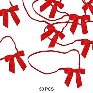Meseey 50pcs 8 Inch Stretch Elastic Loops with Pre-Tied Red Ribbon Bows for Gift Wrapping,Baby Showers, Weddings, Christmas Boxes (8", Red)