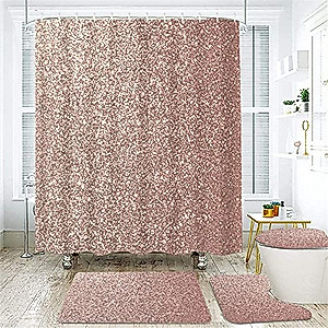 4Pcs Pink Rose Gold Metallic Glitter Shower Curtain Sets with Non Slip Rugs,Toilet Lid Cover and Bath Mat,Waterproof Durable Bathroom Decor Bath Curtains 12 Hooks