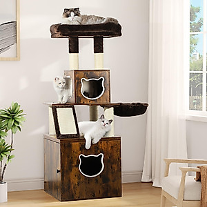 YITAHOME Modern Cat Tree with Litter Box Enclosure, Tall Heavy Duty Cat Tower with Cat Condo,Cat House, Blanket for Indoor Large Cats, Rustic Brown