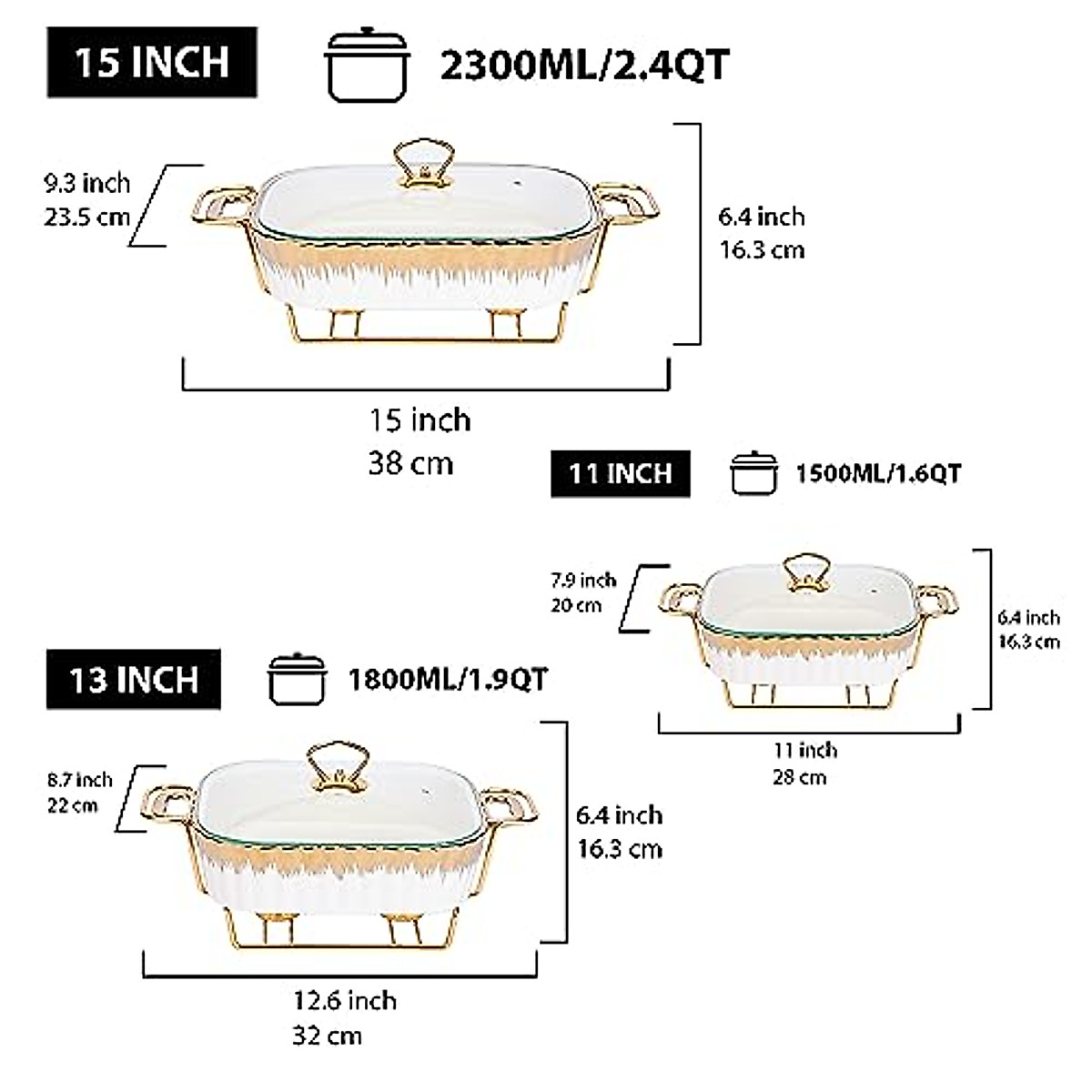 Rectangular Porcelain Casserole Warming Trays for Food, Ceramics Chafers, and Buffet Warmers Sets, Gold Plating Serving Dishes (Small 1.6 quarts)