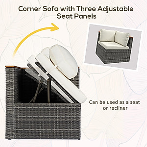 Outsunny Patio Wicker Furniture Set with Cushion, 7 Pieces Outdoor PE Rattan Sectional Sofa with Adjustable Backrest Seat Panel, Acacia Wood Accents, Metal Frame, White