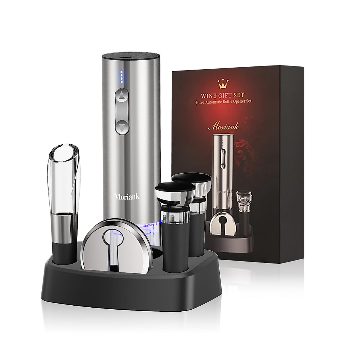 Electric Wine Opener Set with Stand, Wine Gift Set with Rechargeable Wine Opener, Wine Aerator, Vacuum Stoppers and Foil Cutter, 6-in-1 Wine Bottle Opener Set for Home Party Bar Outdoor Gift