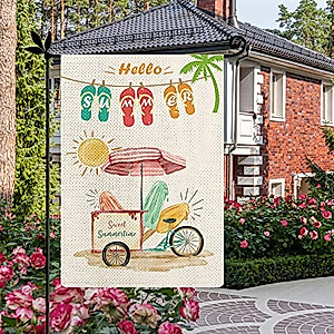 YOVOYOA Hello Summer Popsicles Garden Flag for Outside, 12.5 x 18 Inch Double Sided Hello Sunshine Flip Flops Flag, Happy Holidays Welcome Flag for Patio Lawn Yard Outdoor Decor