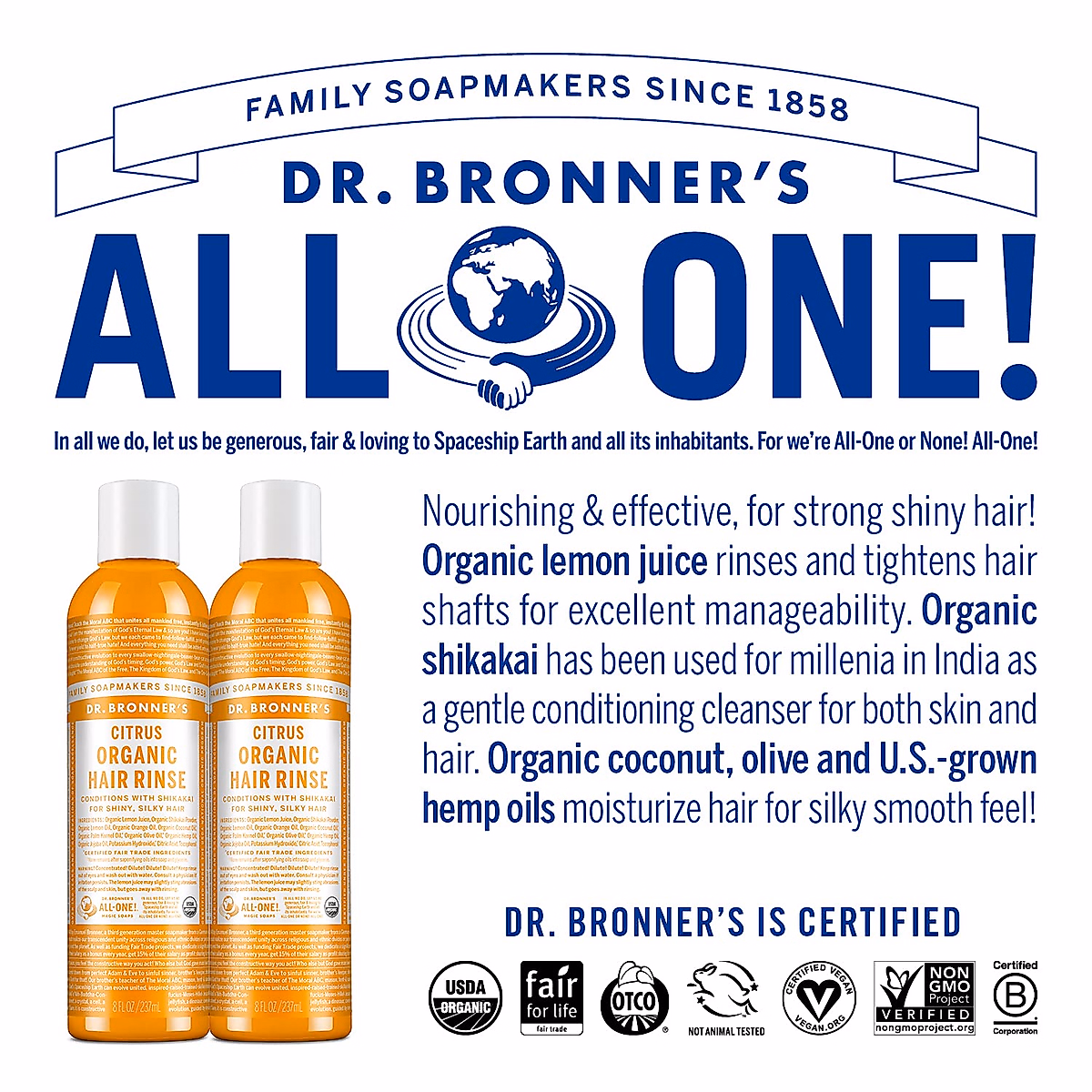 Dr. Bronner's - Organic Hair Rinse (Citrus, 8 Ounce) - Nourishing & Effective, Gentle Conditioning Cleanser for Skin & Hair, No Synthetic Ingredients, Organic Shikakai (2-Pack)