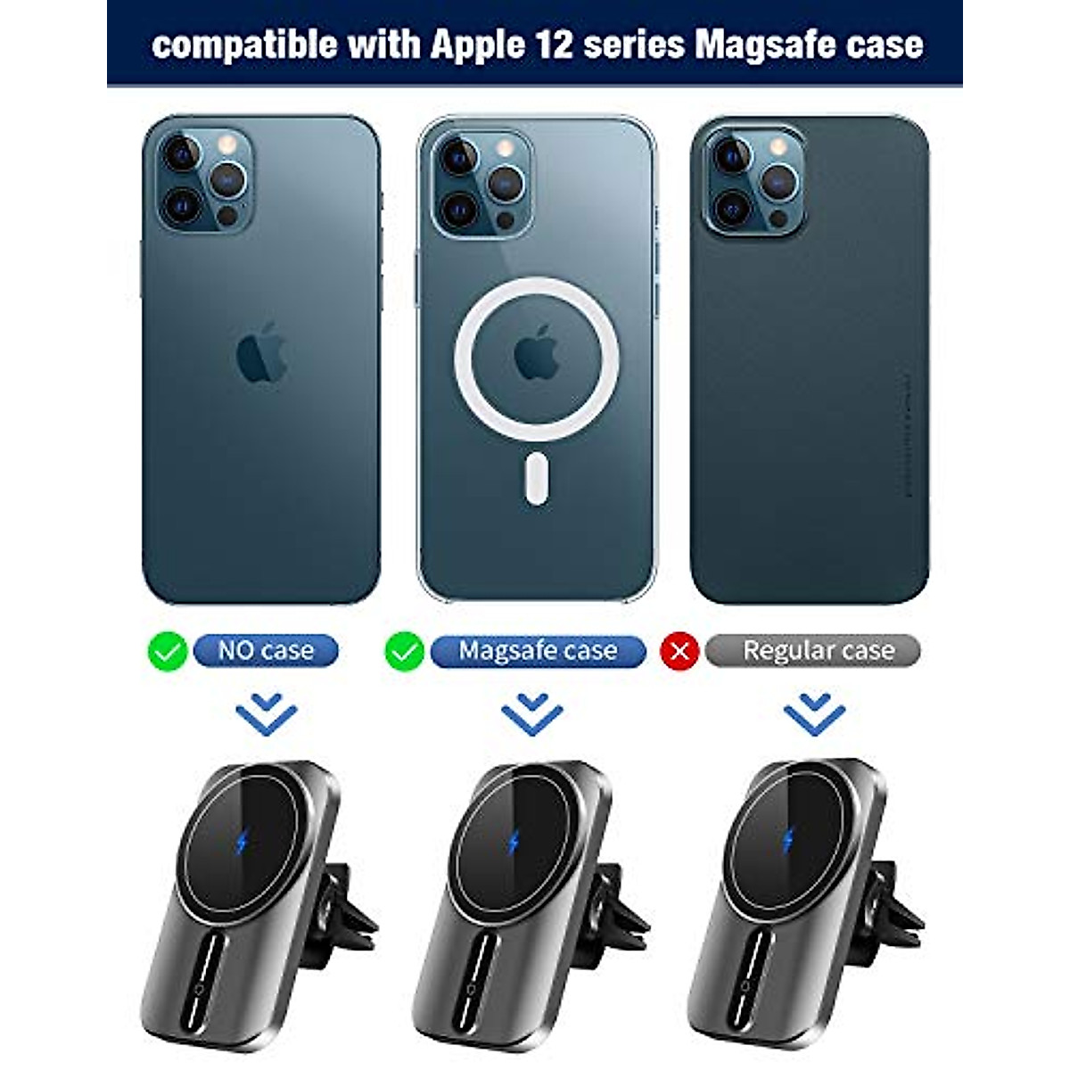 Magnetic Wireless Charger with QC3.O car Adapter WAITIEE Car Charger Mount for iPhone 14/13/12 Series with Air Vent Phone Holder 360° Adjustable Fast Car Charging