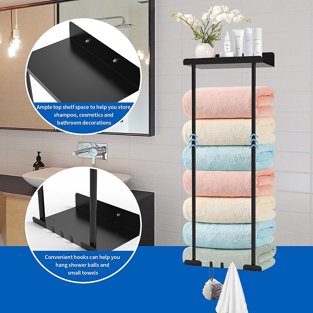 Filta Towel Rack with Shelf for Bathroom Wall Mounted,Retractable Height Metal Bath Towel Rack with Reliable Hooks Storage for Rolled Towel（Black）