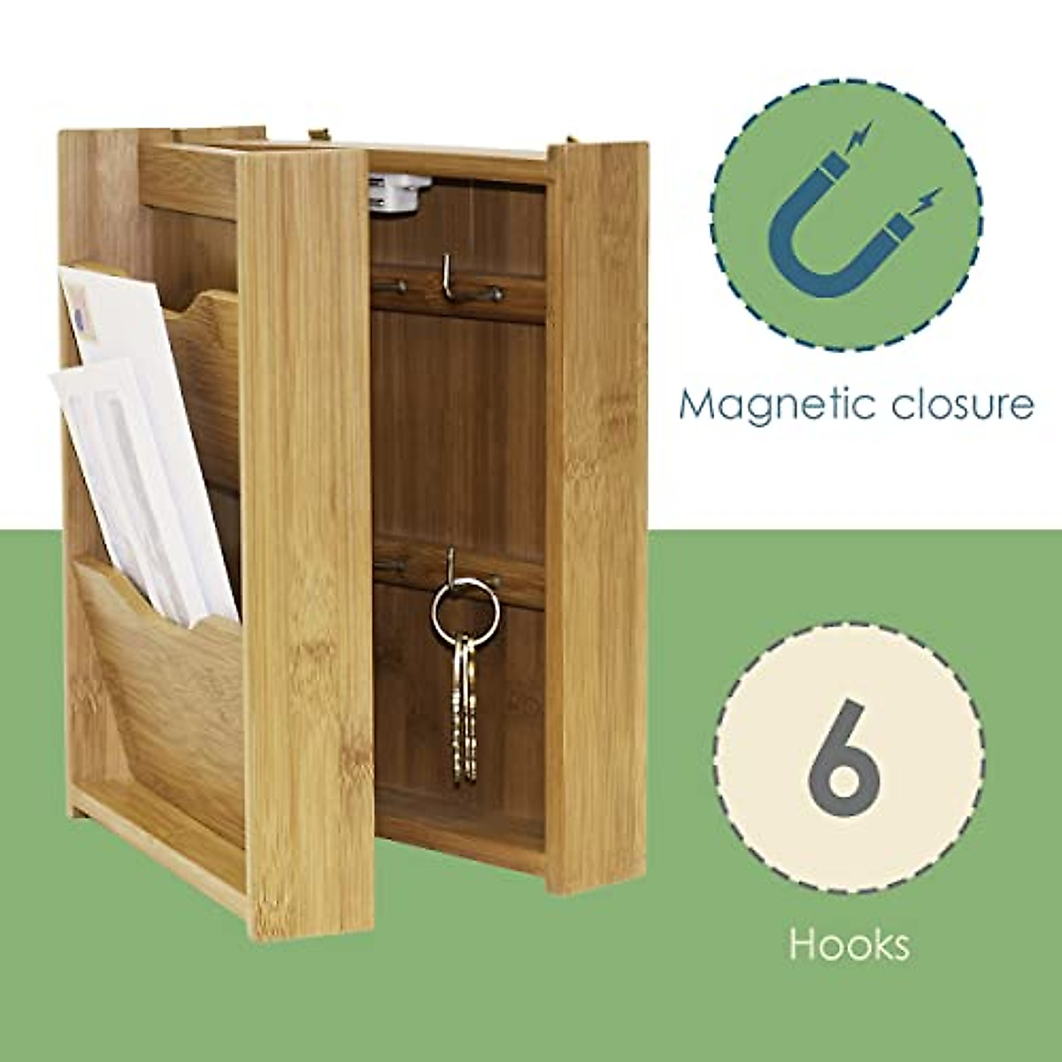 Bamboo Key and Mail Organizer For Wall ( Natural), By Home Basics | Mail Shelf Organizer With 6 Interior Key Hooks | Dual Compartment Small Mail Holder